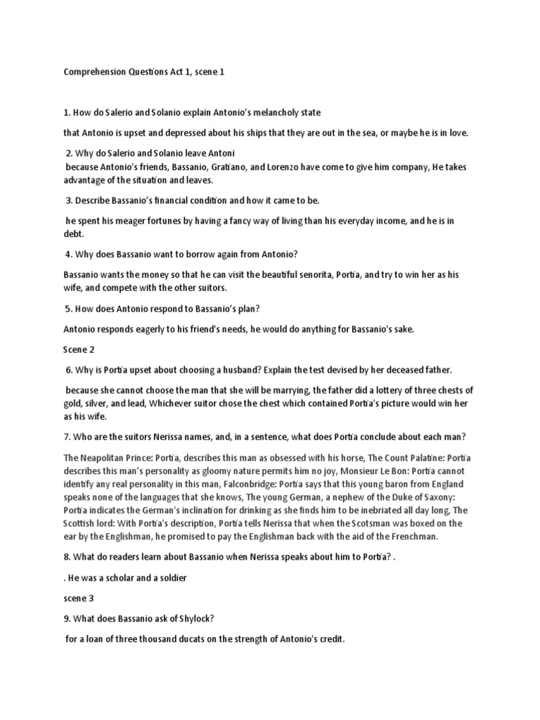 Comprehension Questions Act 1 | PDF | The Merchant Of Venice ...