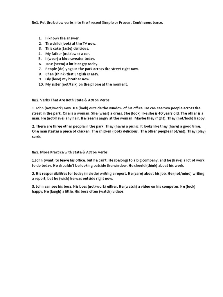 Action and Non-Action Verbs Exercises | PDF