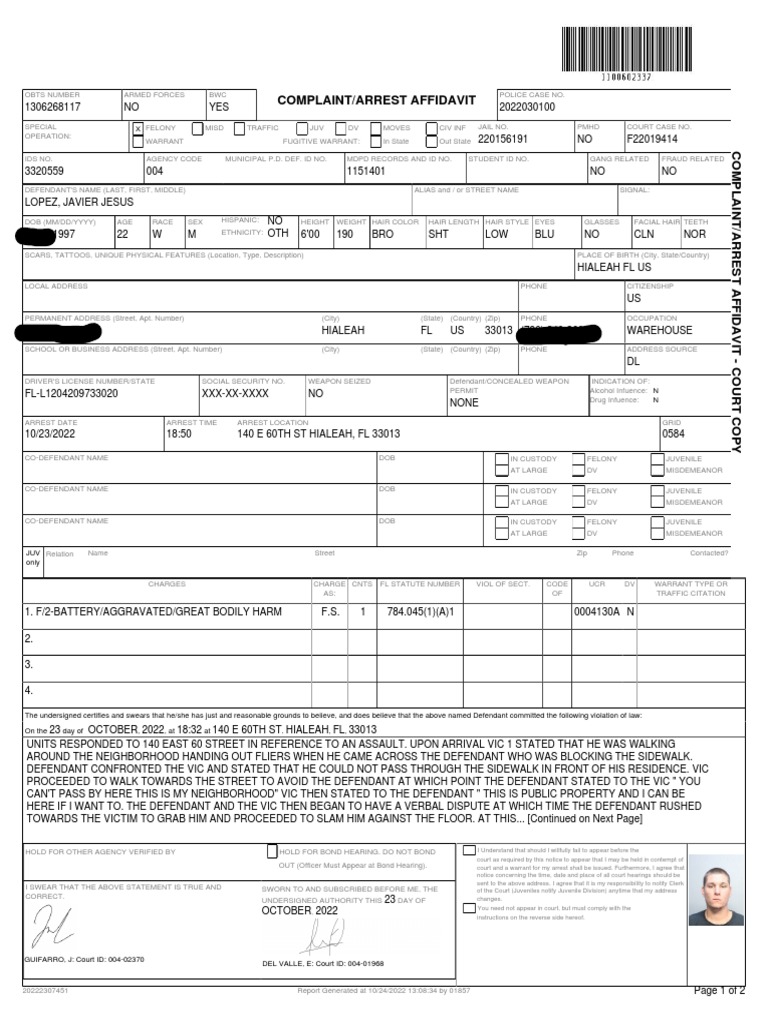 Hialeah Attack Arrest Form Redacted | PDF | Arrest Warrant | Arrest