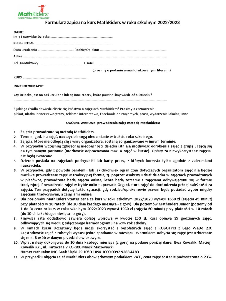 Formularz Zapisu Na Kurs Matematyka Z Robotyka2022 2023 2 | PDF