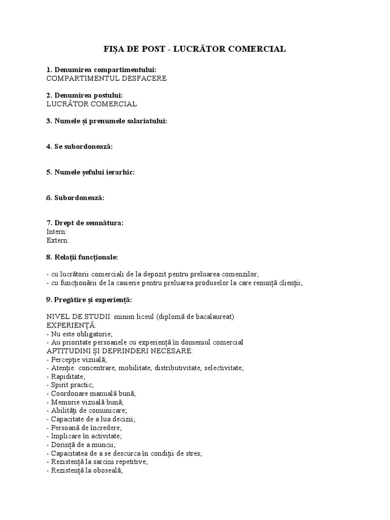 Fisa de Post Lucrator Comercial | PDF
