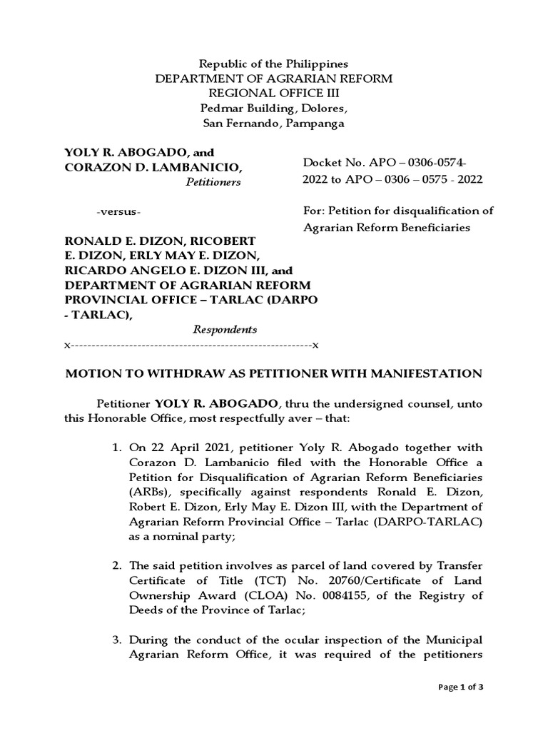 Motion To Withdraw With Manifestation | PDF | Title (Property) | Law And Economics