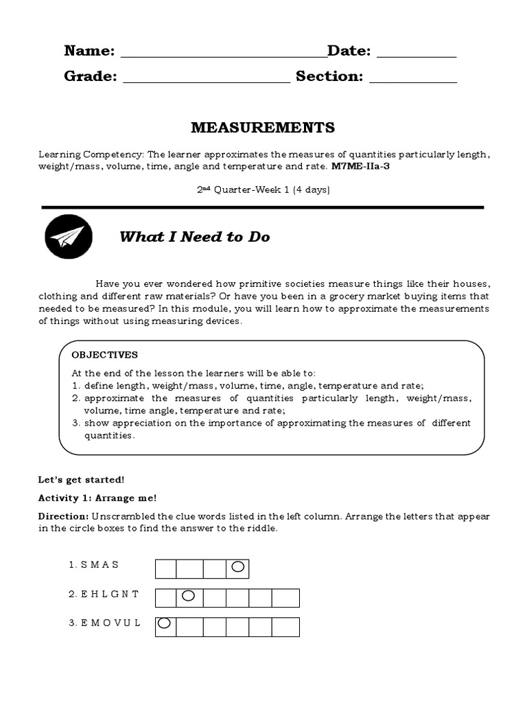 Q2 Mathematics 7 AS - Week 1 | PDF | Volume | Weight