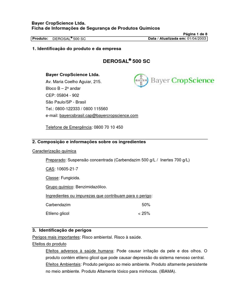 Derosal 500 SC - Bayer (Abr 2003) | PDF | Embalagem e rotulagem ...