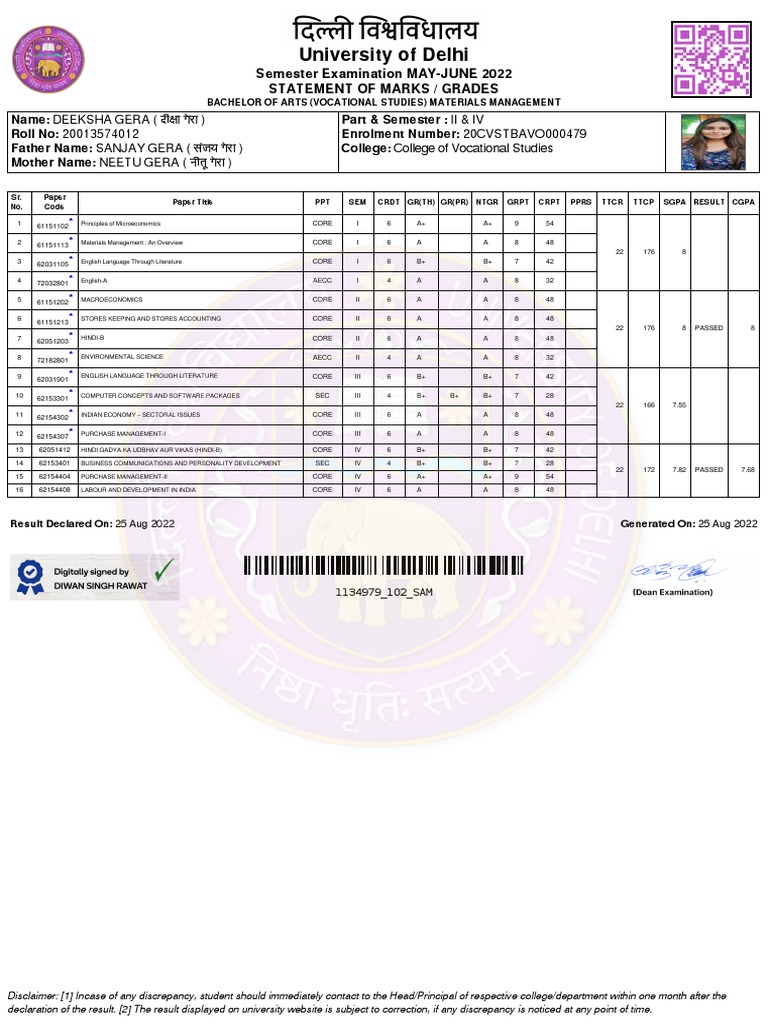 University of Delhi: Semester Examination MAY-JUNE 2022 Statement of ...