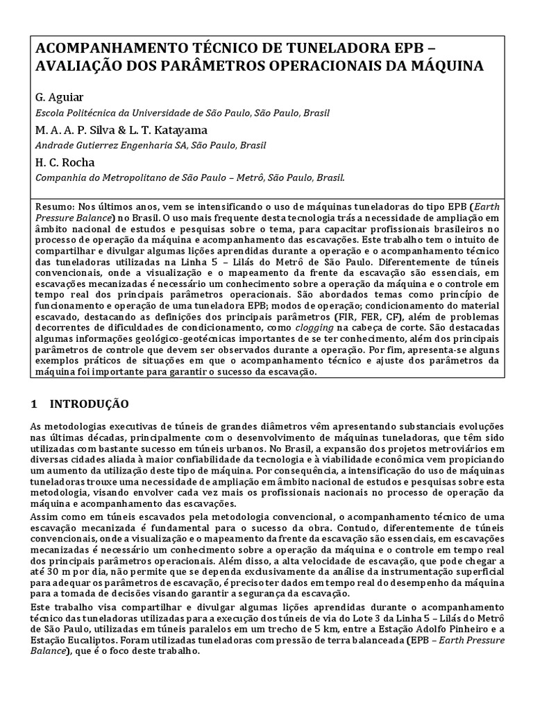 Acompanhamento Técnico de Tuneladoras EPB | PDF | Pressão | Solo