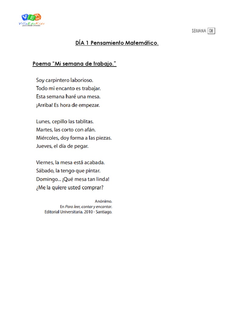 DÍA 1 Poema Dias de La Semana. Pensamiento Matemático | PDF
