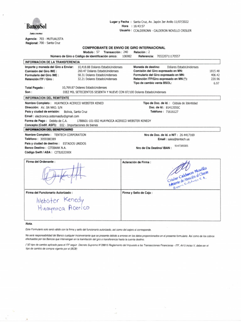 Comprobante de Envio de Giro Internacional | PDF