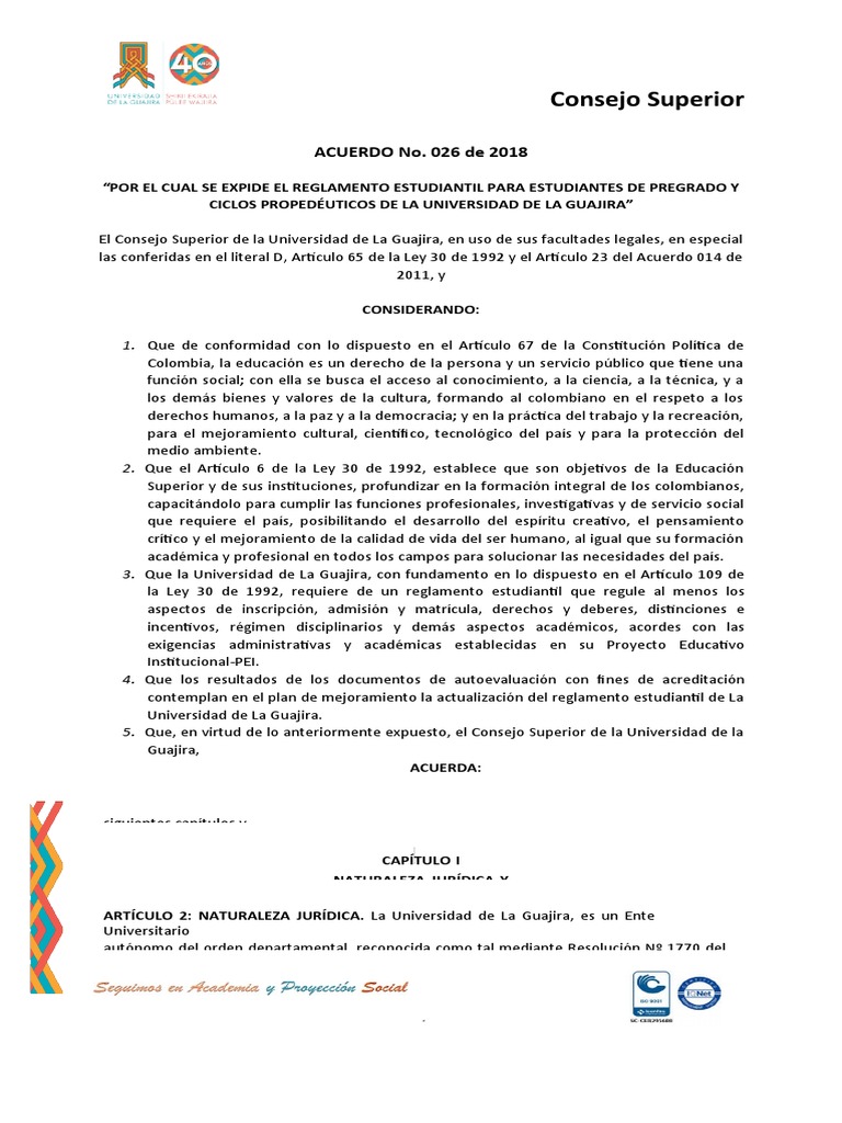 Reglamento Estudiantil Uniguajira - Acuerdo 026 de 2018 | PDF | Universidad | Educación más alta