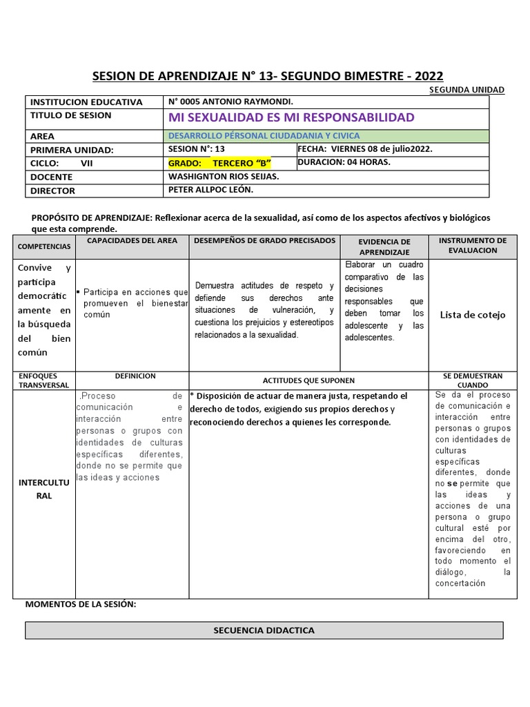 13avaSESION DE APRENDIZAJE DE DPCC-3° C - 2022-II UNIDAD. | PDF | Aprendizaje | Modificación de ...
