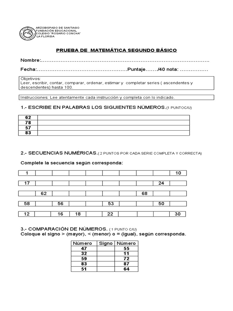 Prueba Conteo y Numeración 2º | PDF