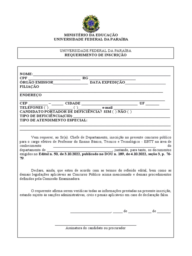 Requerimento de inscrição para vaga de Professor do Ensino Básico ...