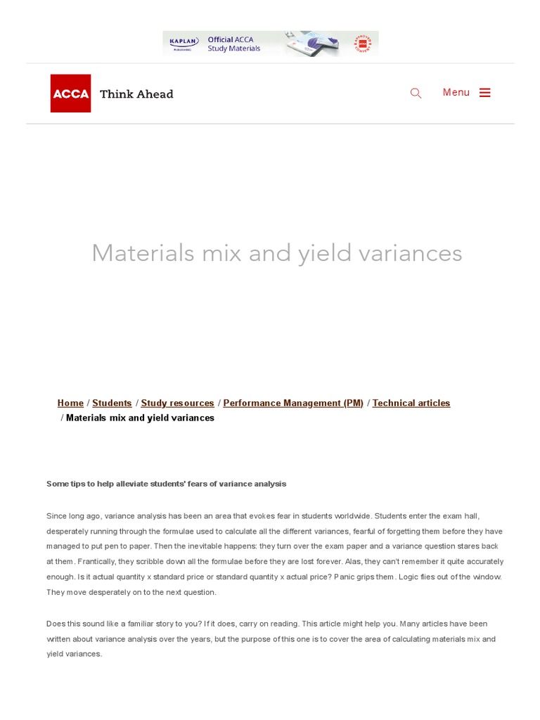 Materials Mix and Yield Variance Guide | PDF