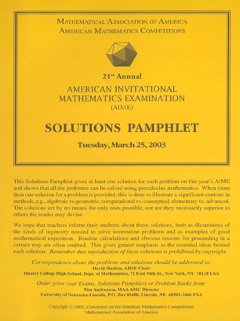 2003 AIME Problem Solutions Summary | PDF | Triangle | Trigonometric ...