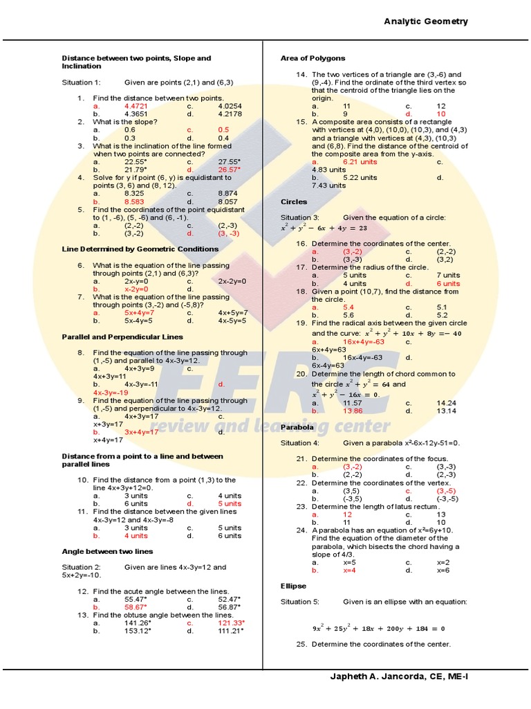 Analytic Geometry EXAM ANSWEY KEY - Docx-1 | PDF | Circle | Ellipse