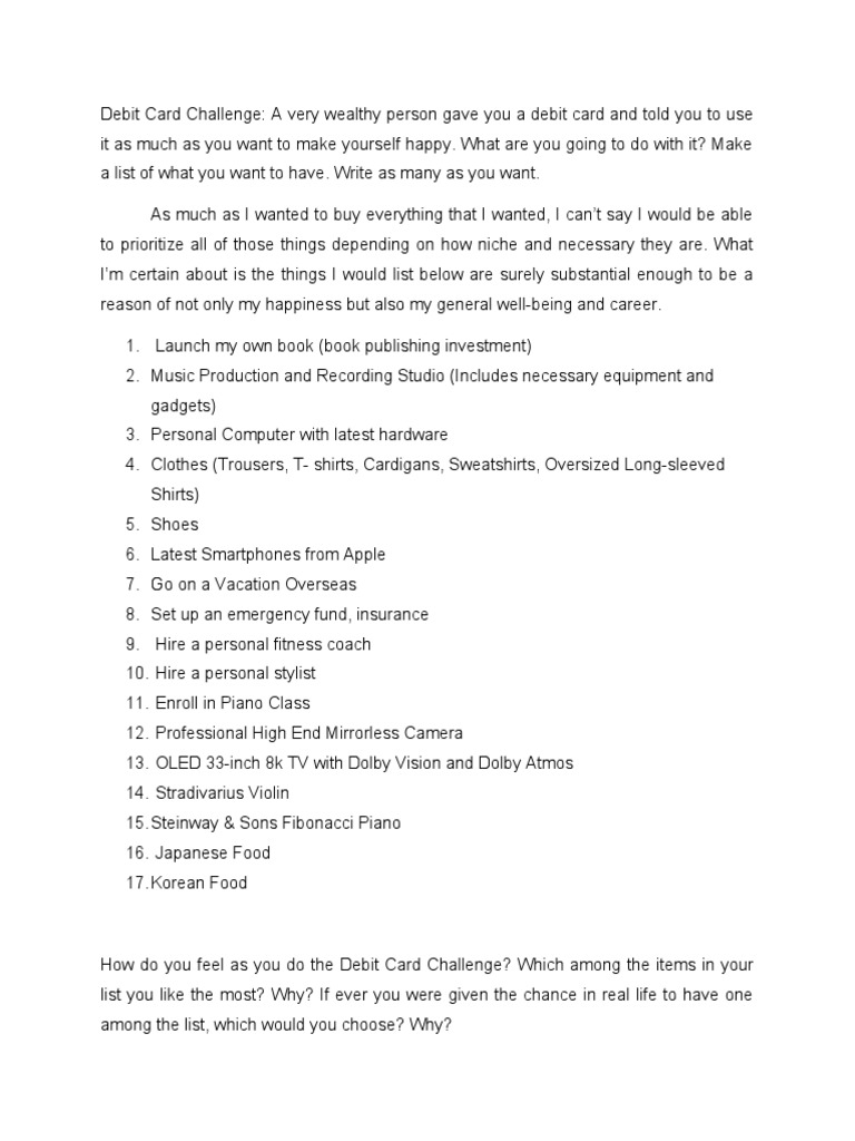 Prioritizing Happiness in the Debit Card Challenge | PDF | Self-Improvement