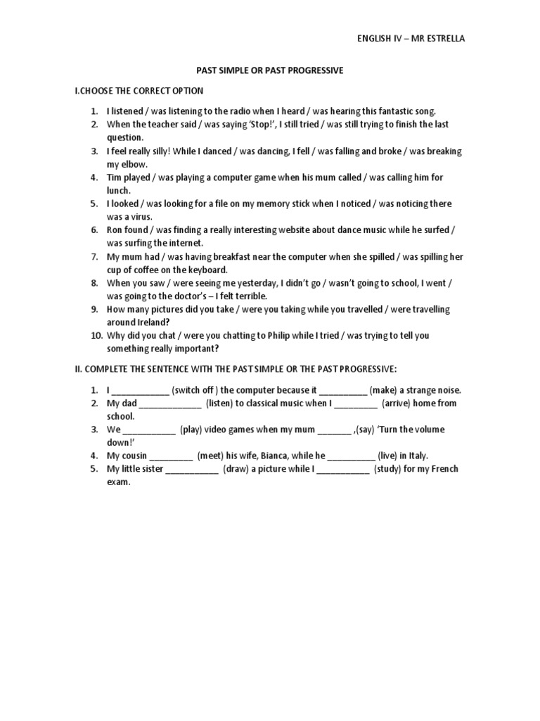 Past Simple or Past Progressive | PDF