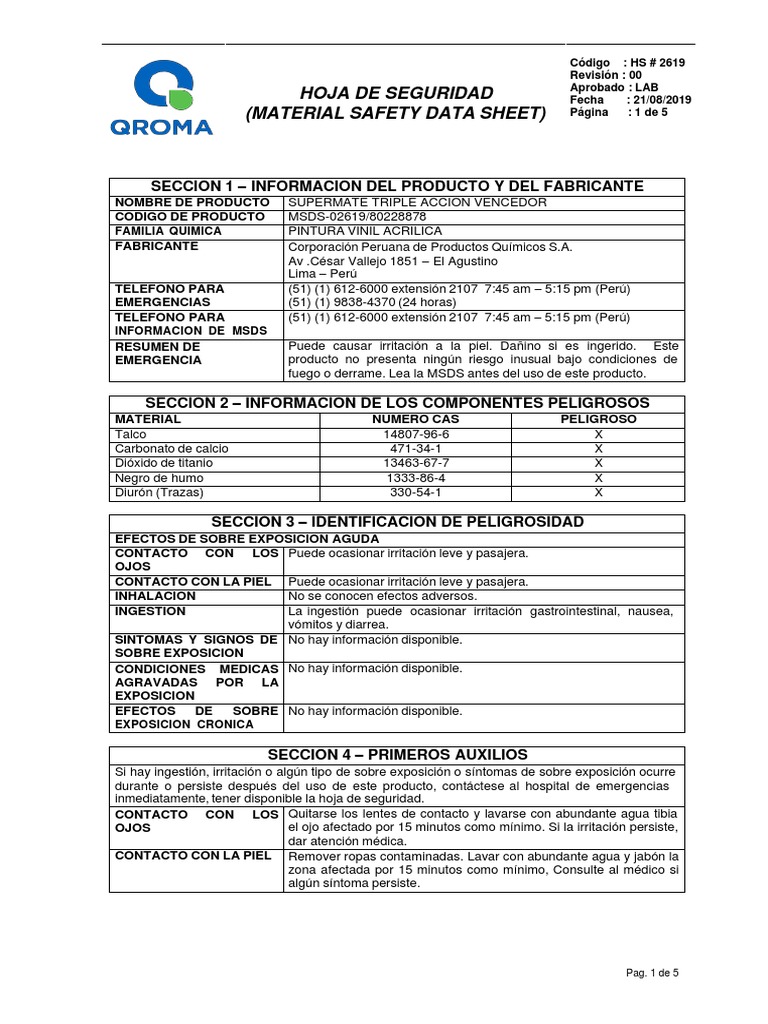 Hoja de Seguridad Pintura Supermate Triple Accion Vencedor Editado | PDF | Agua | Higiene ...