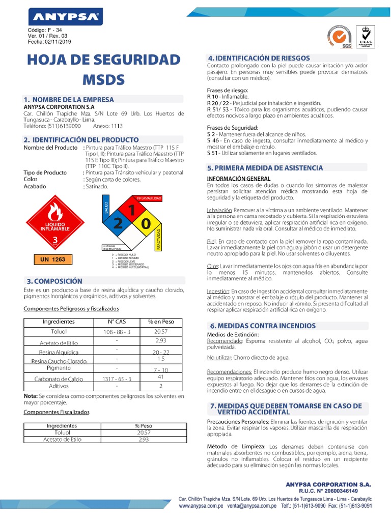 Hoja de Seguridad Pintura para Trafico Maestro Hs | PDF