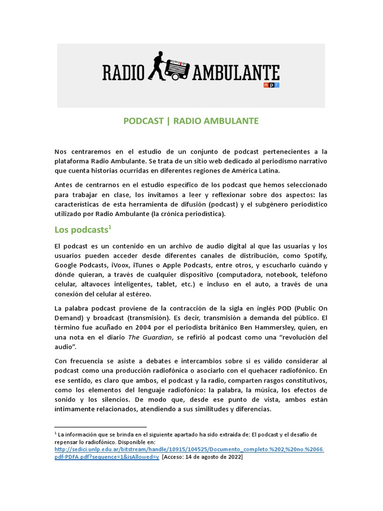 Ficha de Trabajo Podcast CR Nica y Radio Ambulante 1 | PDF | Podcast ...