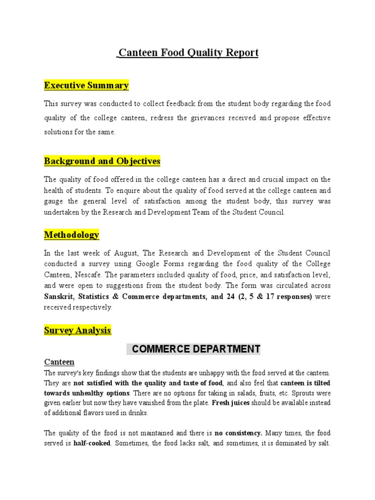 Canteen Food Quality Report (3 Dep.) | PDF | Foods | Drink