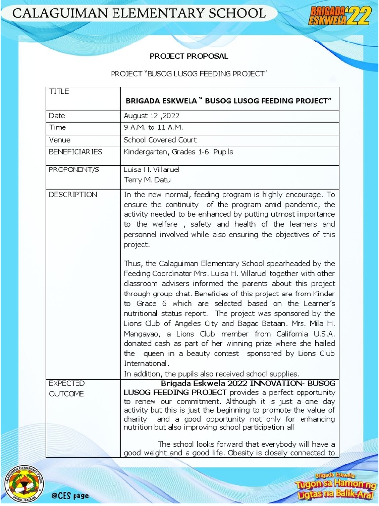 Project-Proposal-For-Brigada-Busog Lusog Feeding Project | PDF