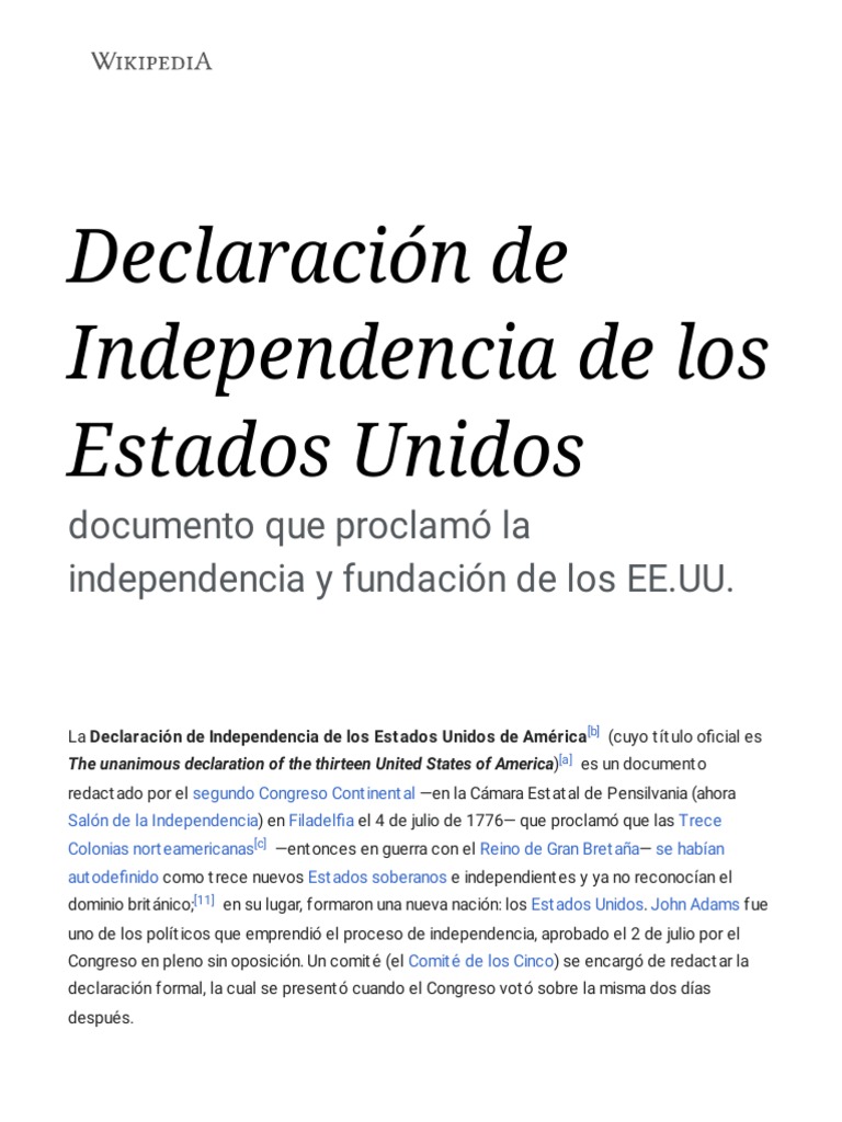Declaración de Independencia de Los Estados Unidos - Wikipedia, La Enciclopedia Libre | PDF ...