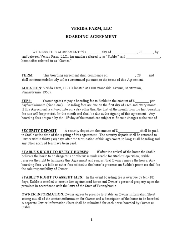 Verida Farm Boarding Agreement 5 2020 | PDF | Legal Liability | Justice