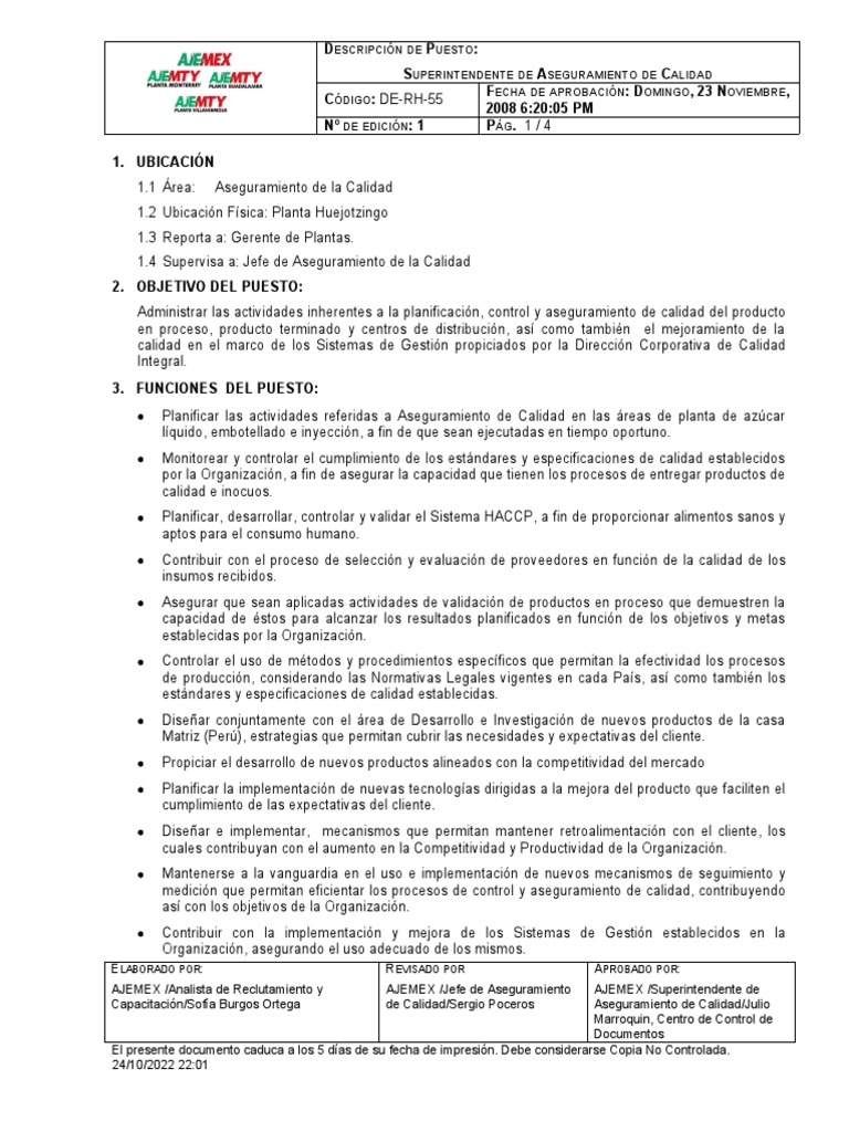 Superintendente de Aseguramiento de Calidad | PDF | Calidad (comercial ...