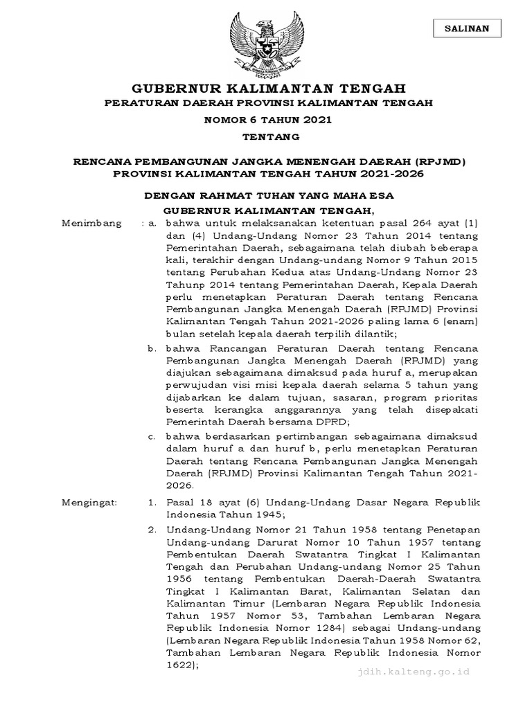 Perda Prov. Kalteng No. 6 Tahun 2021 TTG RPJMD Tahun 2021-2026 | PDF