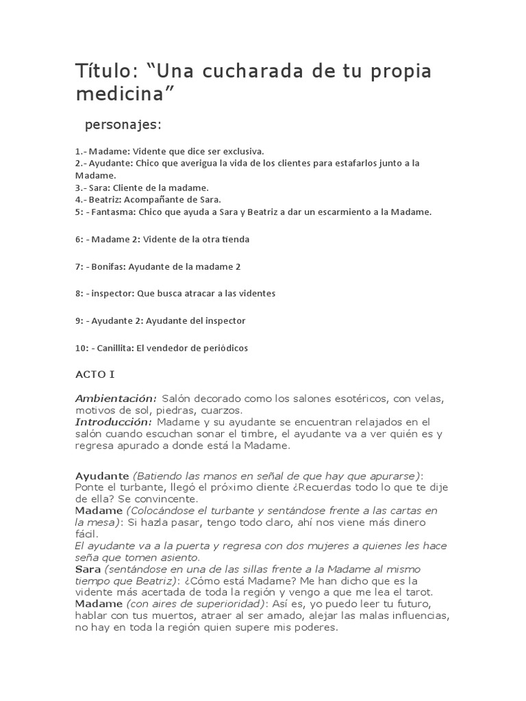 Obra Una Cucharada de Tu Propia Medicina 10 Personajes | PDF