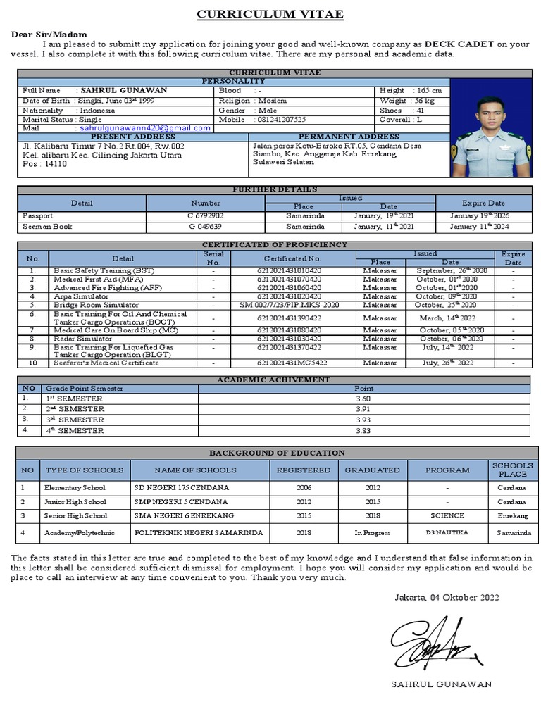 CV - Sahrul Gunawan - Deck Cadet 8 | PDF | Shipping | Transport