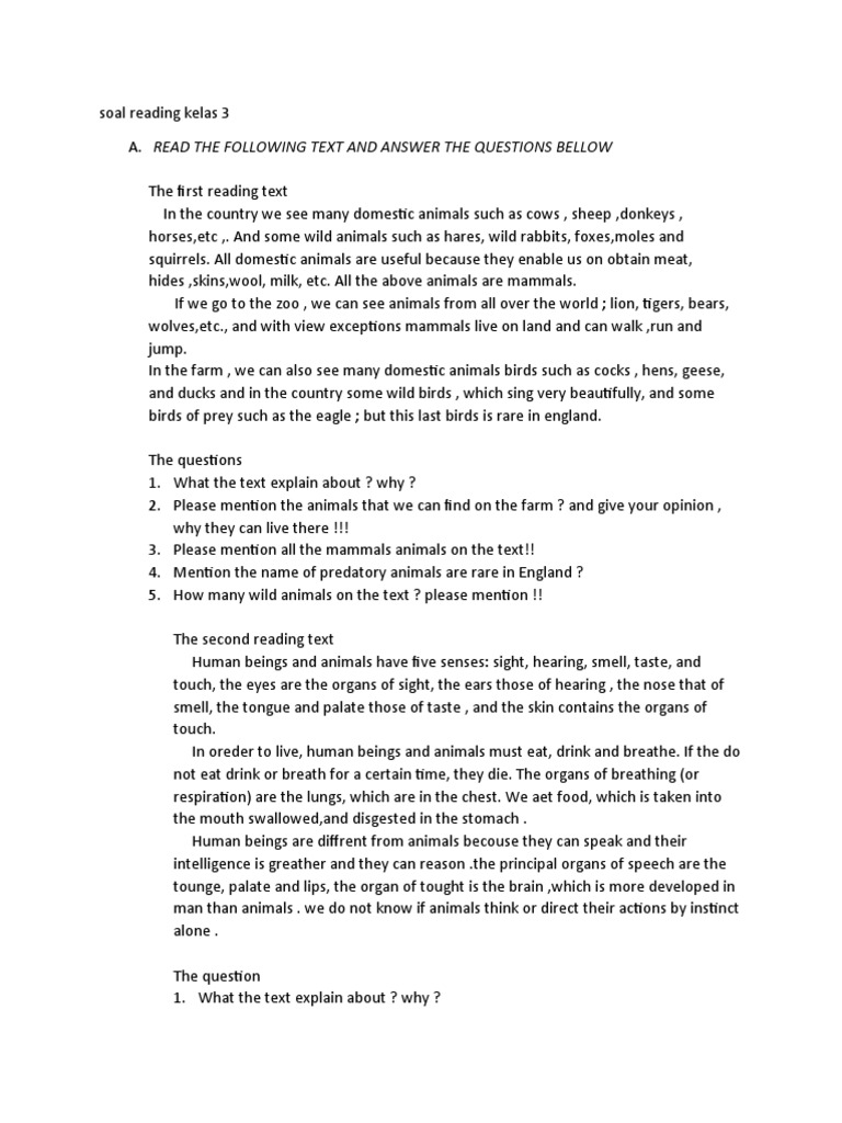 Soal Reading Kelas 3 | PDF | Predation | Mammals