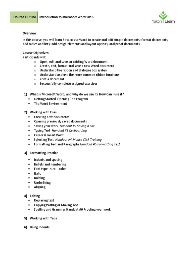 Microsoft Word 2016 Course Outline | PDF | Computers