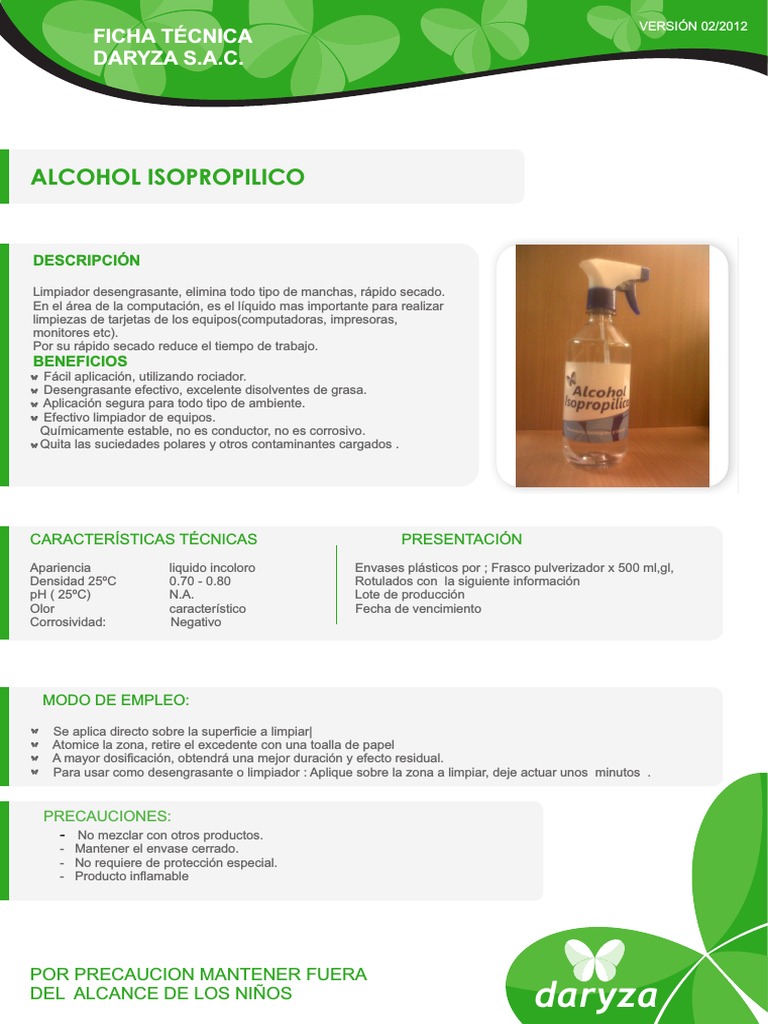 Ficha Tecnica Alcohol Isopropilico Daryza | PDF