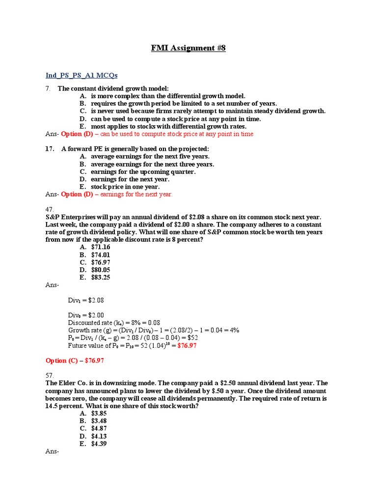 Fmi Assignment #8: Ind - Ps - Ps - A1 Mcqs | PDF | Dividend | Stocks