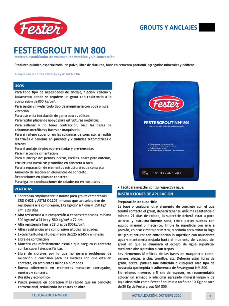Fester Festergrout NM800 MX | PDF | Hormigón | Agua