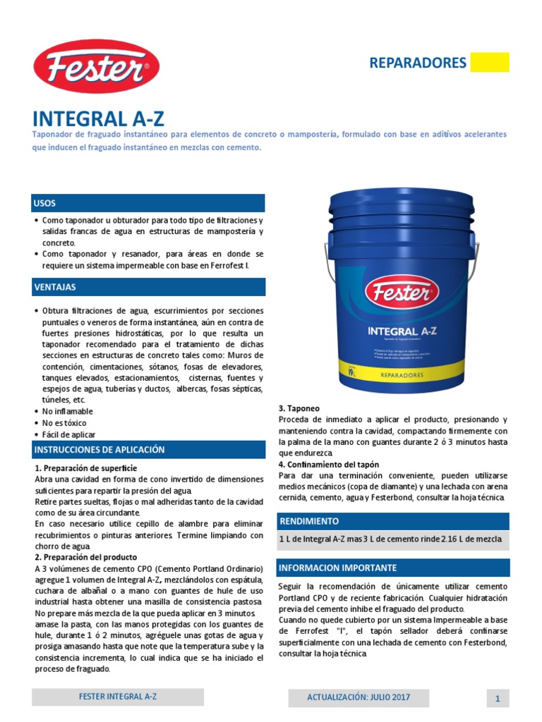 Fester Integral A-Z: Taponador Instantáneo | PDF | Cemento | Hormigón