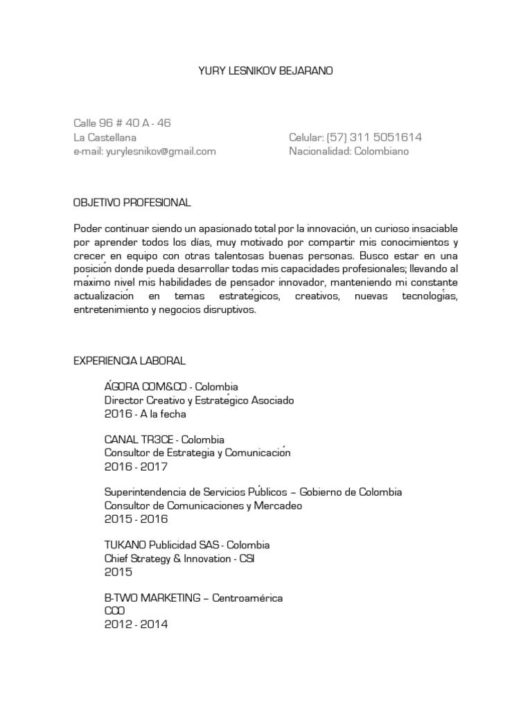 Hoja+de+Vida+ +CV+Yury+Lesnikov+Bejarano | PDF | Colombia
