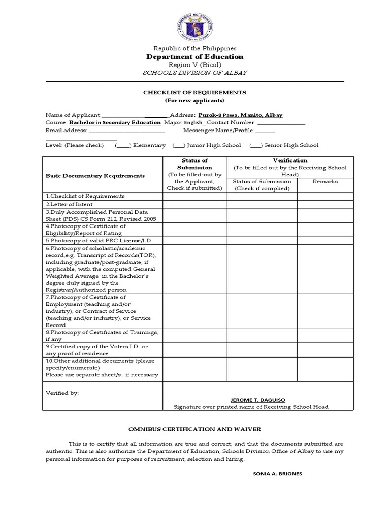 DepEd CHECKLIST OF REQ. | PDF | Identity Document | Signature