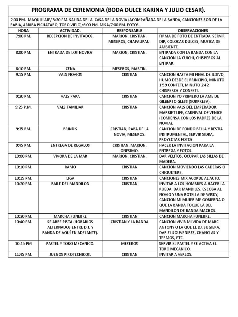 Programa Ceremonia Boda Karina y Julio. | PDF