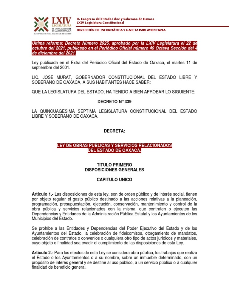 Ley de Obras Publicas y Servicios Relacionados Del Estado Del Estado de ...