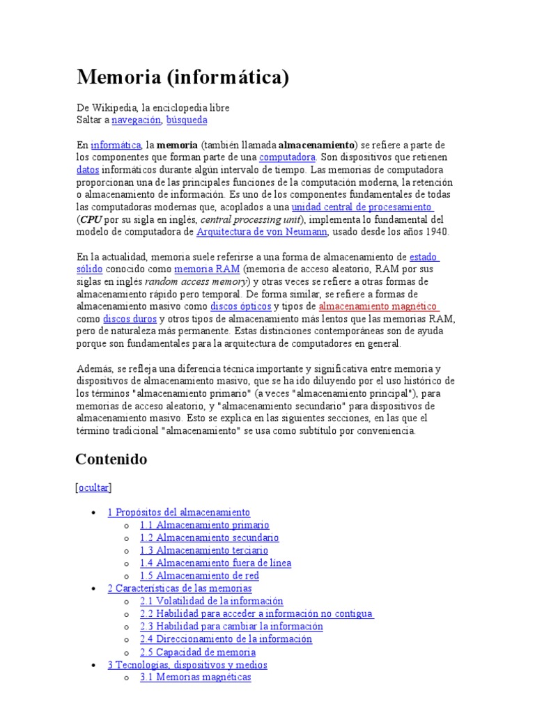Tipos y funciones de la memoria informática | PDF | Almacenamiento de ...