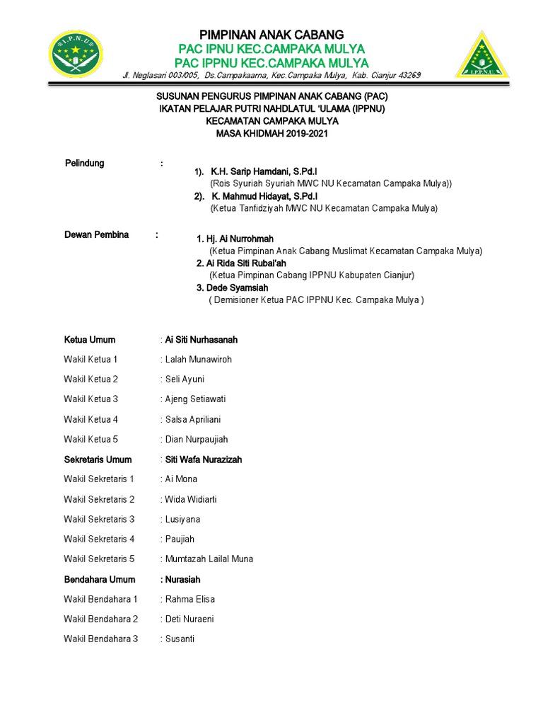 Susunan Pengurus PAC IPPNU Kec - Campaka Mulya | PDF