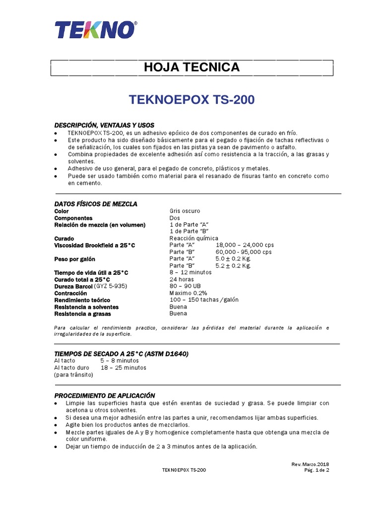 Ficha Tecnica Teknoepox TS-200 | PDF | Hormigón | Química