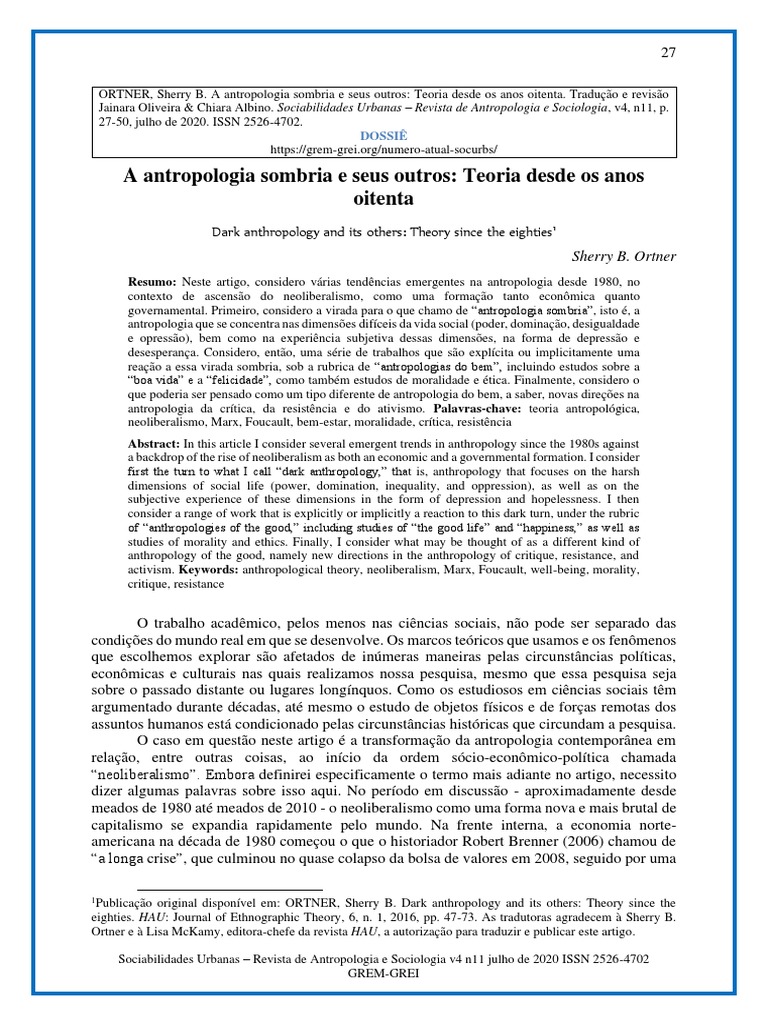 ORTNER Sherry B A Antropologia Sombria e | PDF | Antropologia | Economia