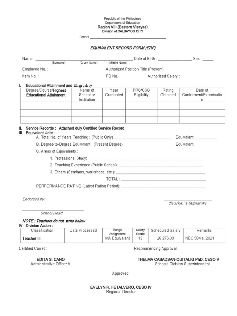 Equivalent Record Form (ERF) Guide | PDF | Teachers