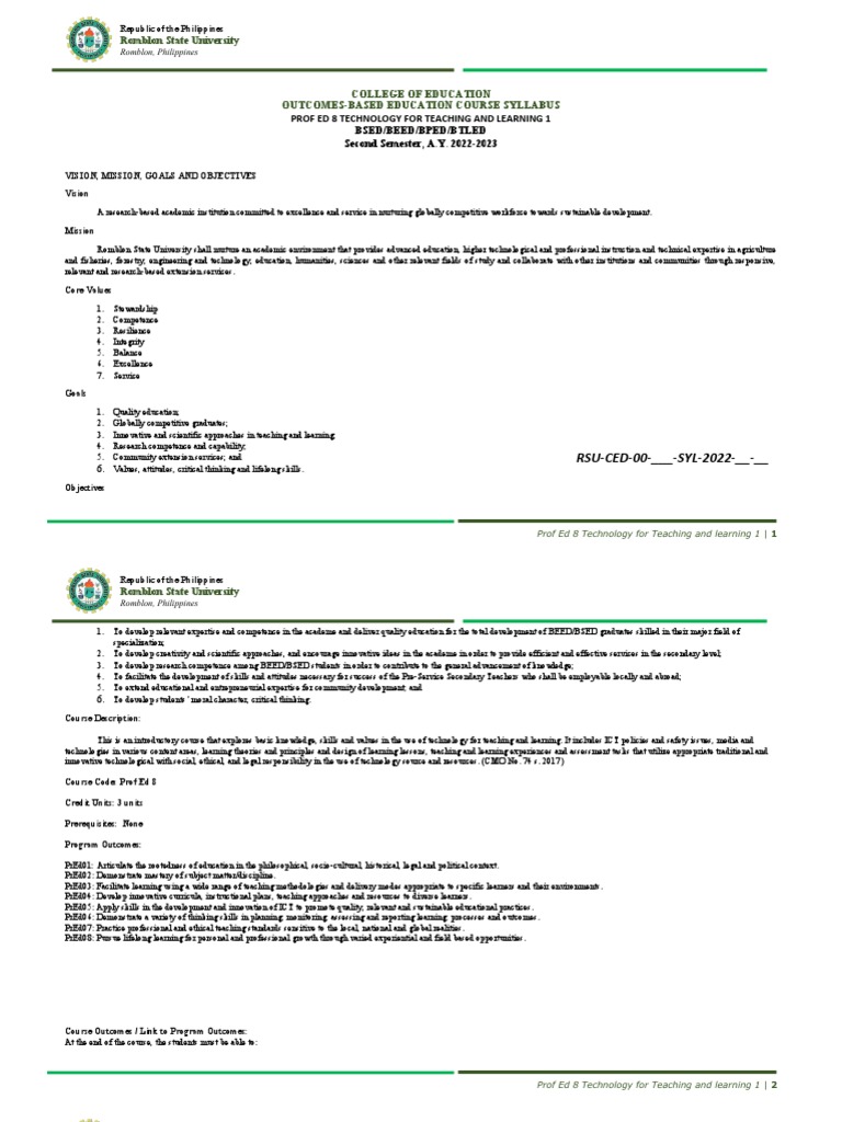 Prof Ed 8 TTL 1 Syllabus | PDF | Educational Technology | Teaching Method