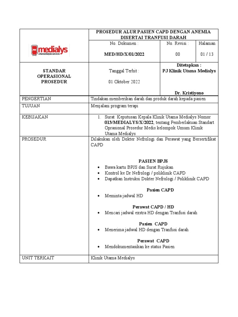 SOP Hemodialisa CAPD | PDF