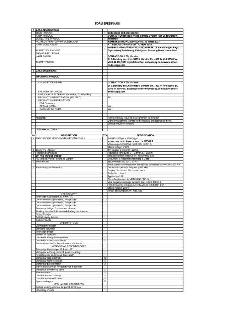 011 Spesifikasi Video Camera System FHD (Set Endourology) | PDF | High ...